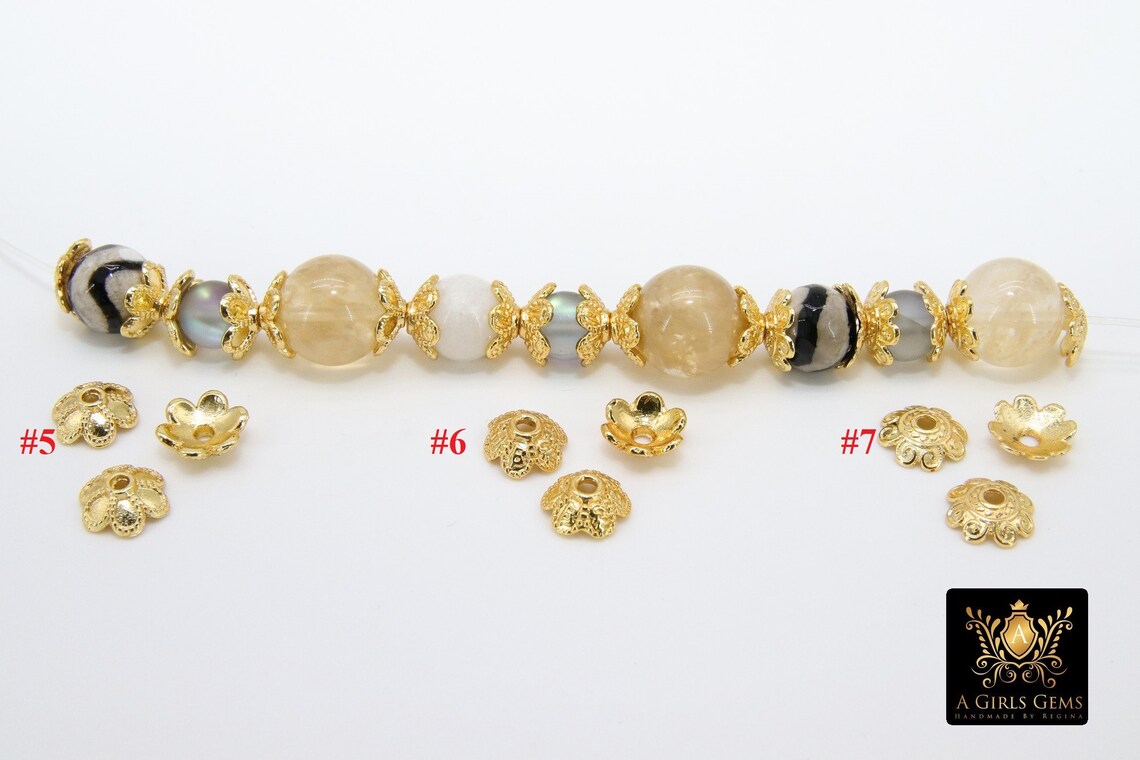 Gold Bead Caps, Bead End Caps, 7 Different 8 Mm Styles, Round Cone ...