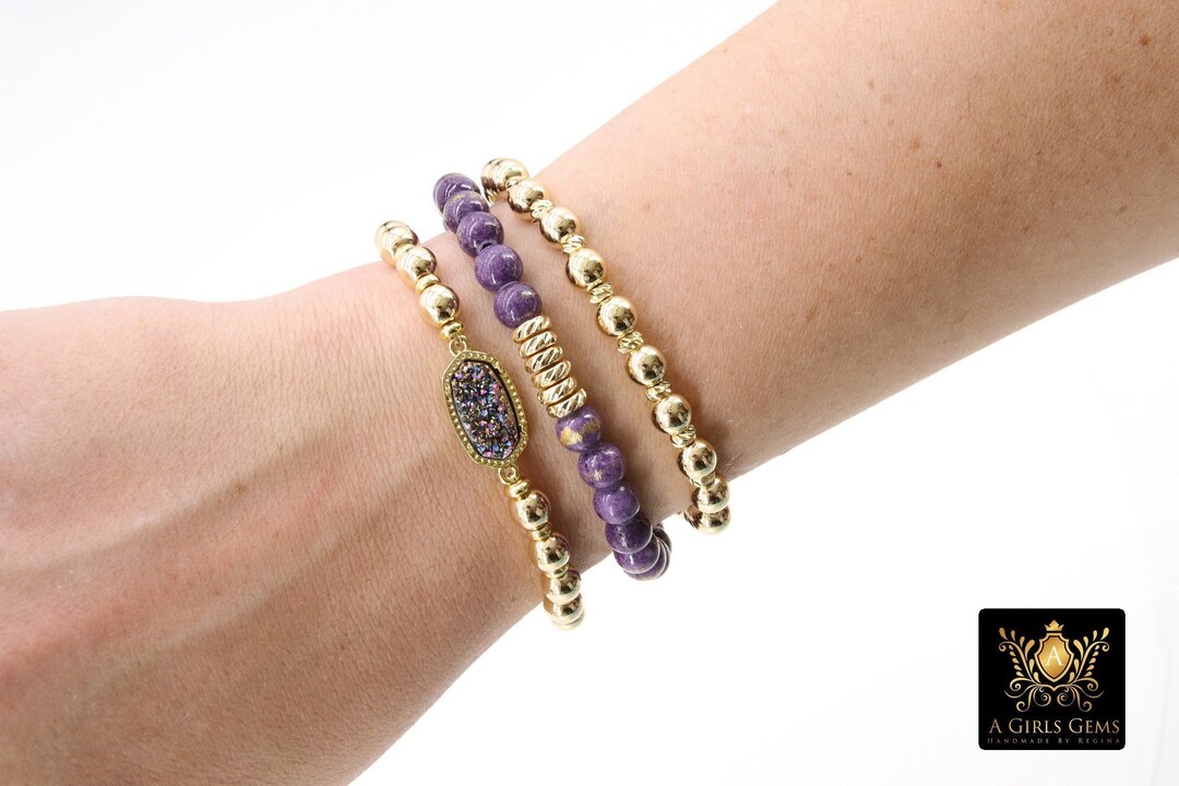 LSU Heishi Beaded Bracelet, 6 Mm Purple Druzy Gold Stretchy Bracelet ...