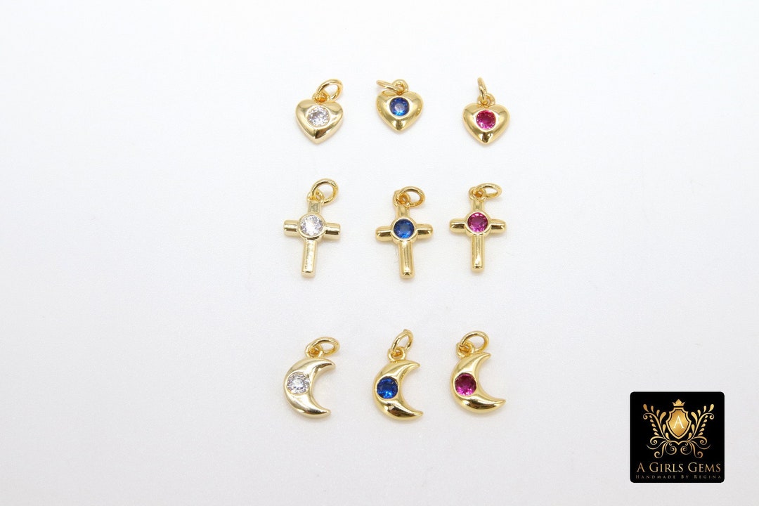 CZ Gold Cross Charms, 2 Pc Heart and Moon in Red Dangle, Clear or Blue ...