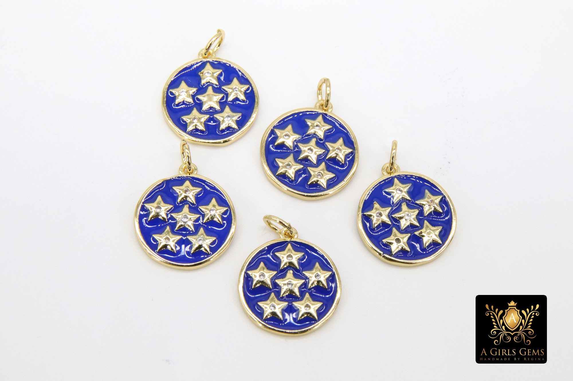 Blue Stars Charms Gold and Royal Blue CZ Pave Round Stars | Etsy