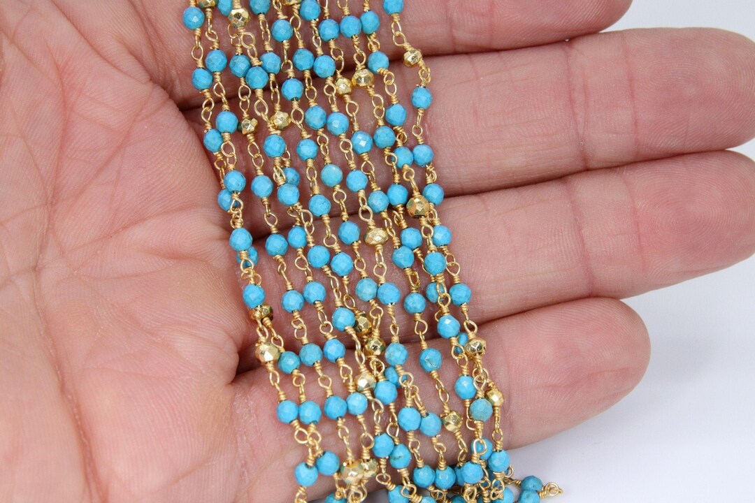 Blue Turquoise Rosary Beaded Chain, 4 Mm Wire Wrapped Gold Pyrite Blue ...