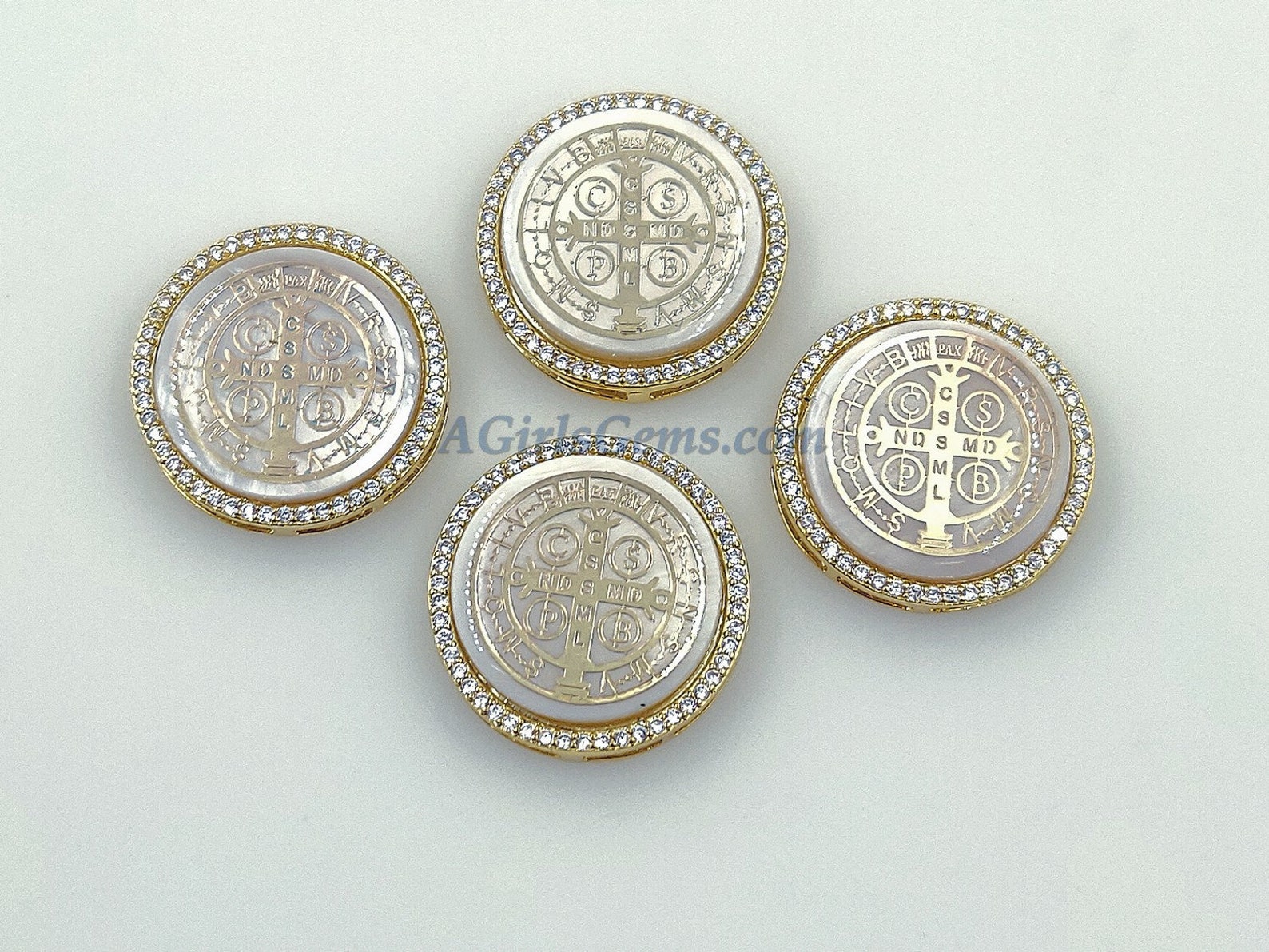 CZ Micro Pave St Benedict Shell Gold Gilding, Mother of Pearl San ...