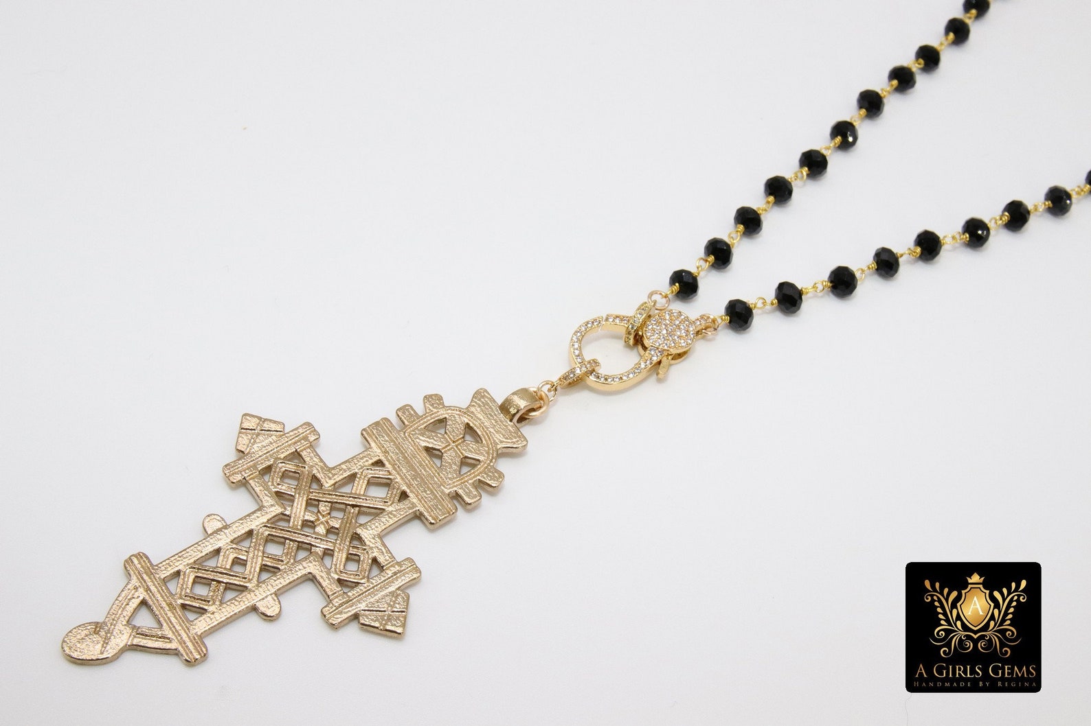 Gold Cross Necklace, Smoky or Black Rosary Chain With Gold Brass ...