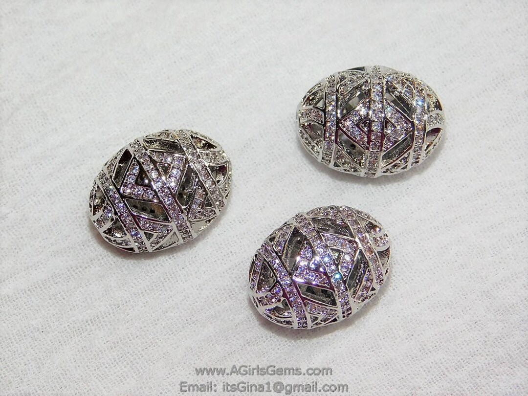 CZ Micro Pave Oval Bead, Clear Cubic Zirconia Silver Focal Bead Spacers ...
