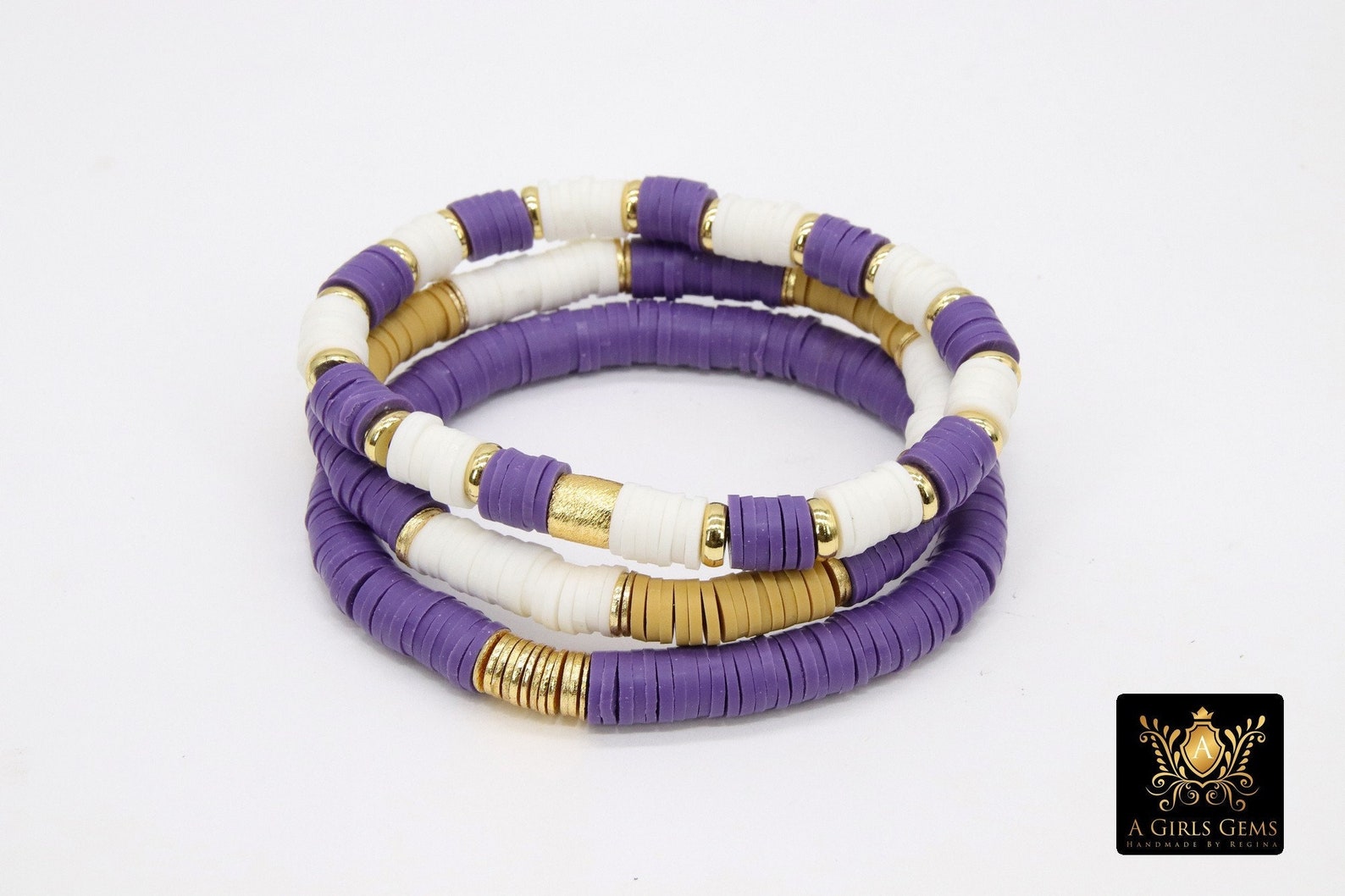 LSU Heishi Beaded Bracelet Purple White Gold Stretchy - Etsy