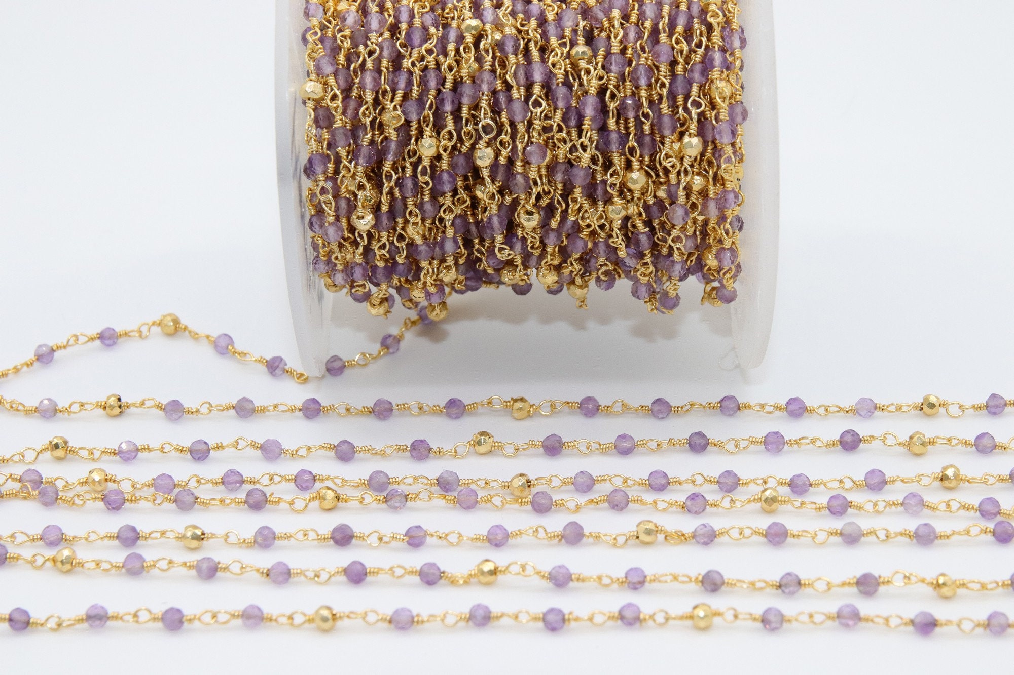 22k Gold Plated Amethyst Rosary Chain, Pyrite 4 Mm Chains for Jewelry ...