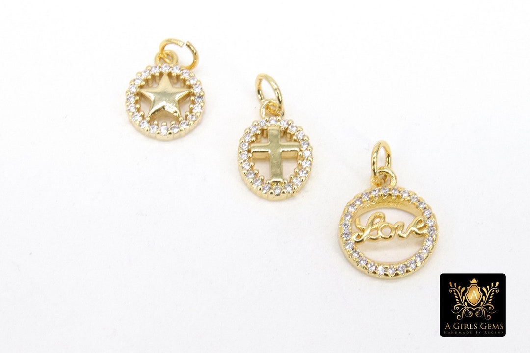 Gold CZ Love Charms, Small Star Round Charms, Mini Oval Cross Charms ...
