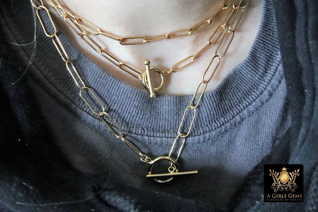 14 K Gold Toggle Bar Necklace, Double Wrap Gold Filled Paperclip Choker ...