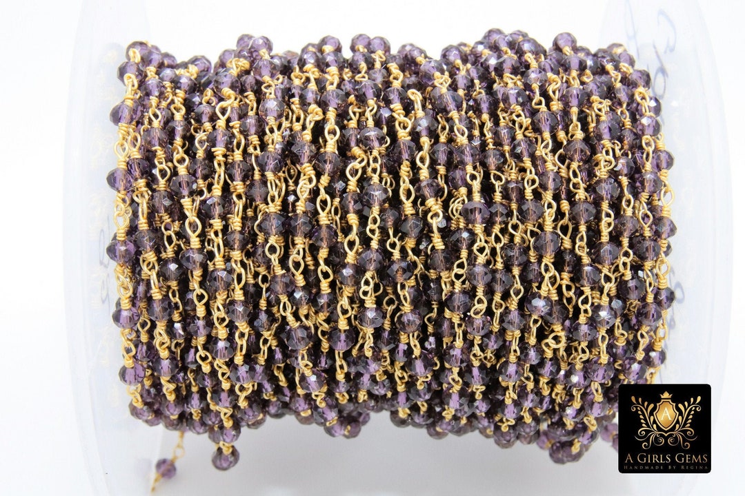 22k Gold Plated Amethyst Rosary Chain, 4 Mm Purple Crystal Beaded ...