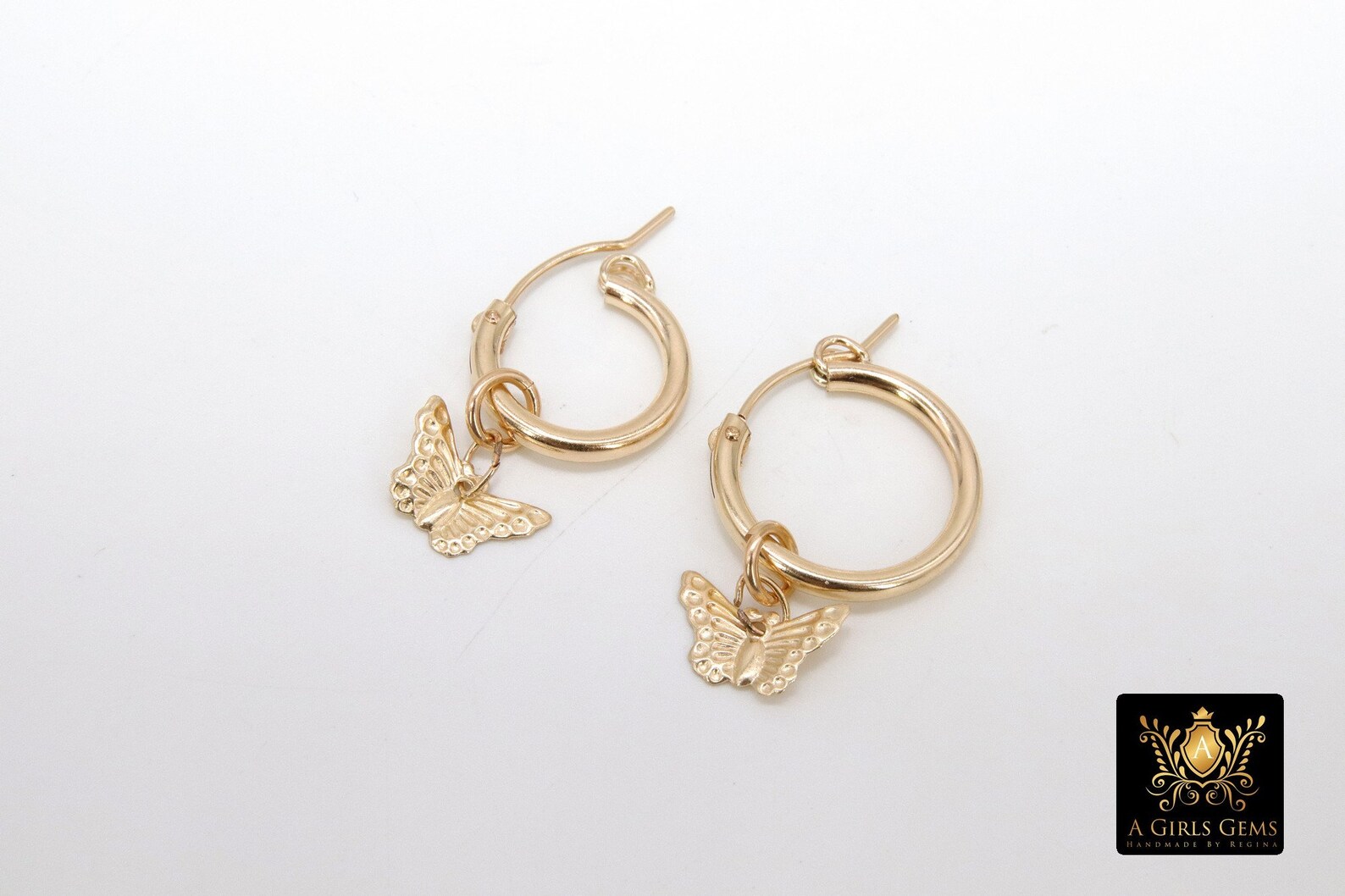 Gold Butterfly Hoop Earrings, 14 K Gold Filled Thick Hoop Dangle Charm ...