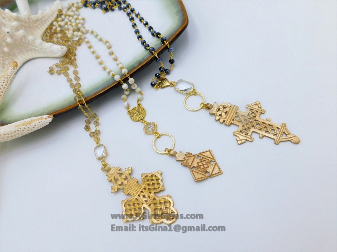 Brass Gold Coptic Cross Necklace Long Black Rosary Beaded | Etsy