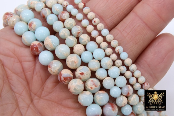 Natural Imperial Baby Blue Jasper Beads Round Marbleized | Etsy