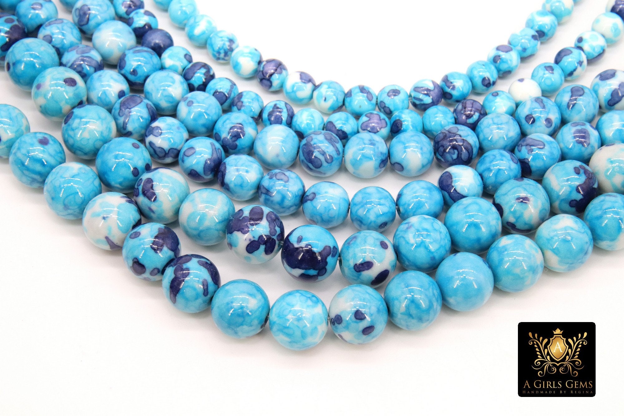 Smooth Round Ocean Blue Beads, Navy and White Jewelry Beads BS #101 ...
