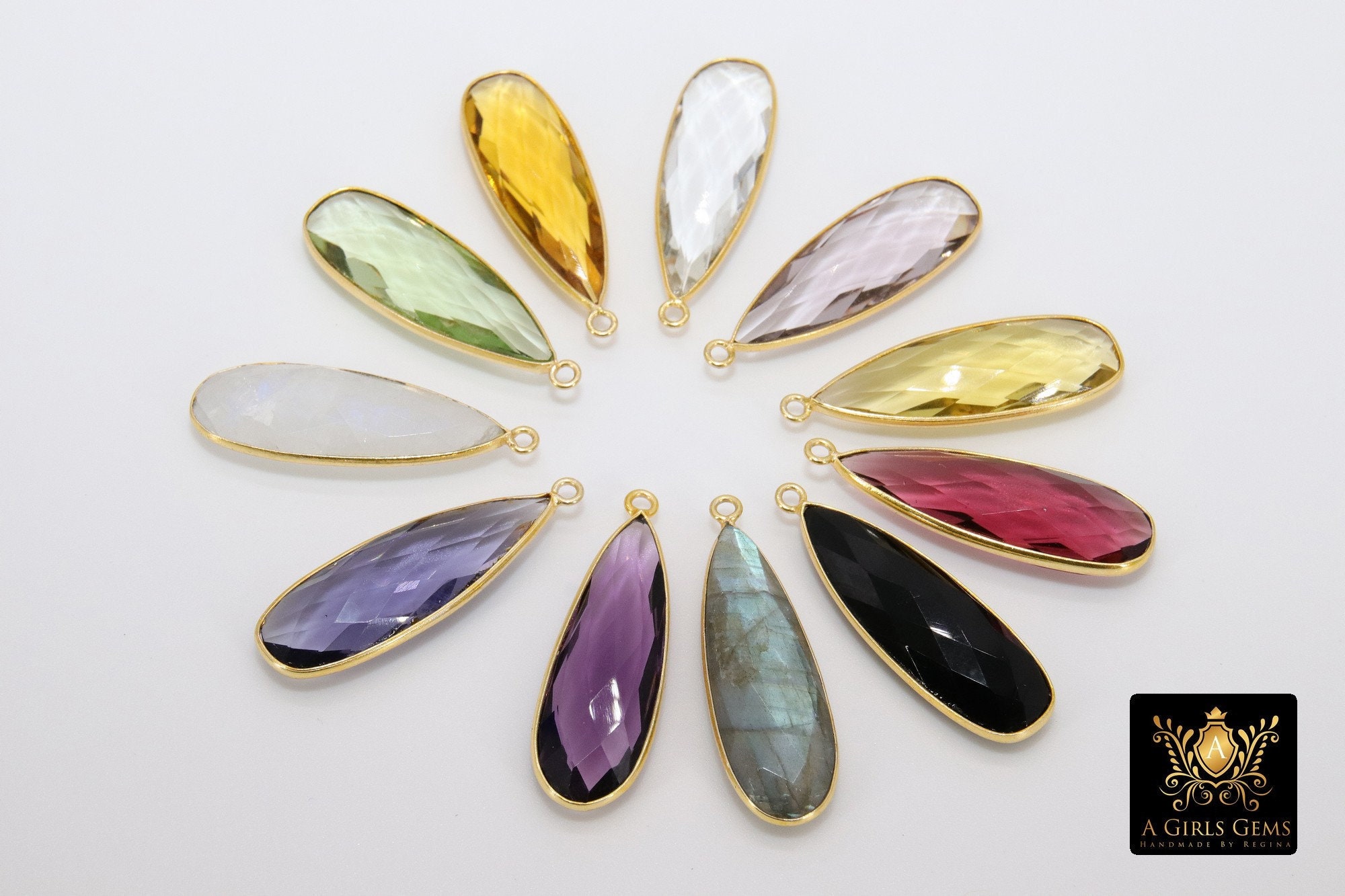 Long Teardrop Charms, Gold Plated Oval Elongated Gemstone Charms ...