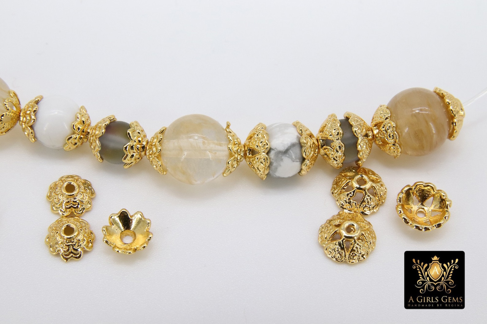 Gold Bead Caps, Bead End Caps, 7 Different 8 Mm Styles, Round Cone ...