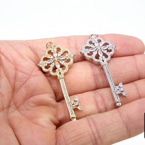 CZ Pave Key Pendant, Cubic Zirconia Skeleton Key Bead Charm 100, Gold ...