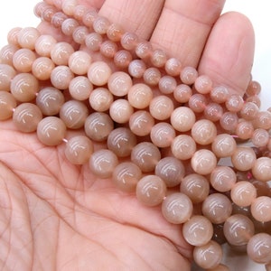 Natural Sunstone Beads, Smooth Round Pink Beige Beads BS #40, Genuine ...