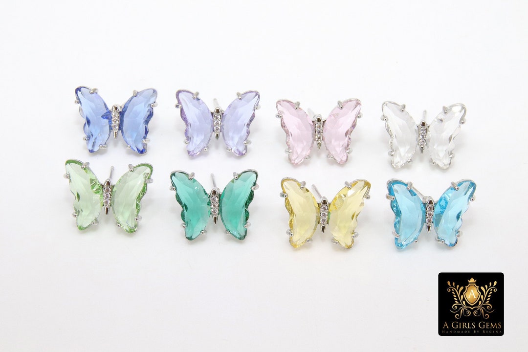 CZ Crystal Butterfly Stud Earrings, 2 Pc Silver Crystal Butterflies ...