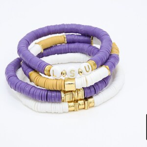 LSU Heishi Beaded Bracelet, 6 Mm Purple White Gold Stretchy Bracelet ...