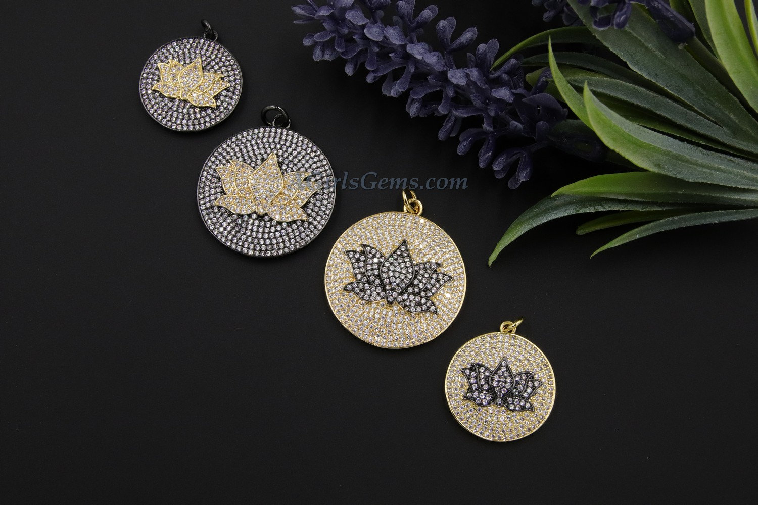 Lotus Flower Amulet Pendant CZ Micro Pave Black and Gold Two - Etsy