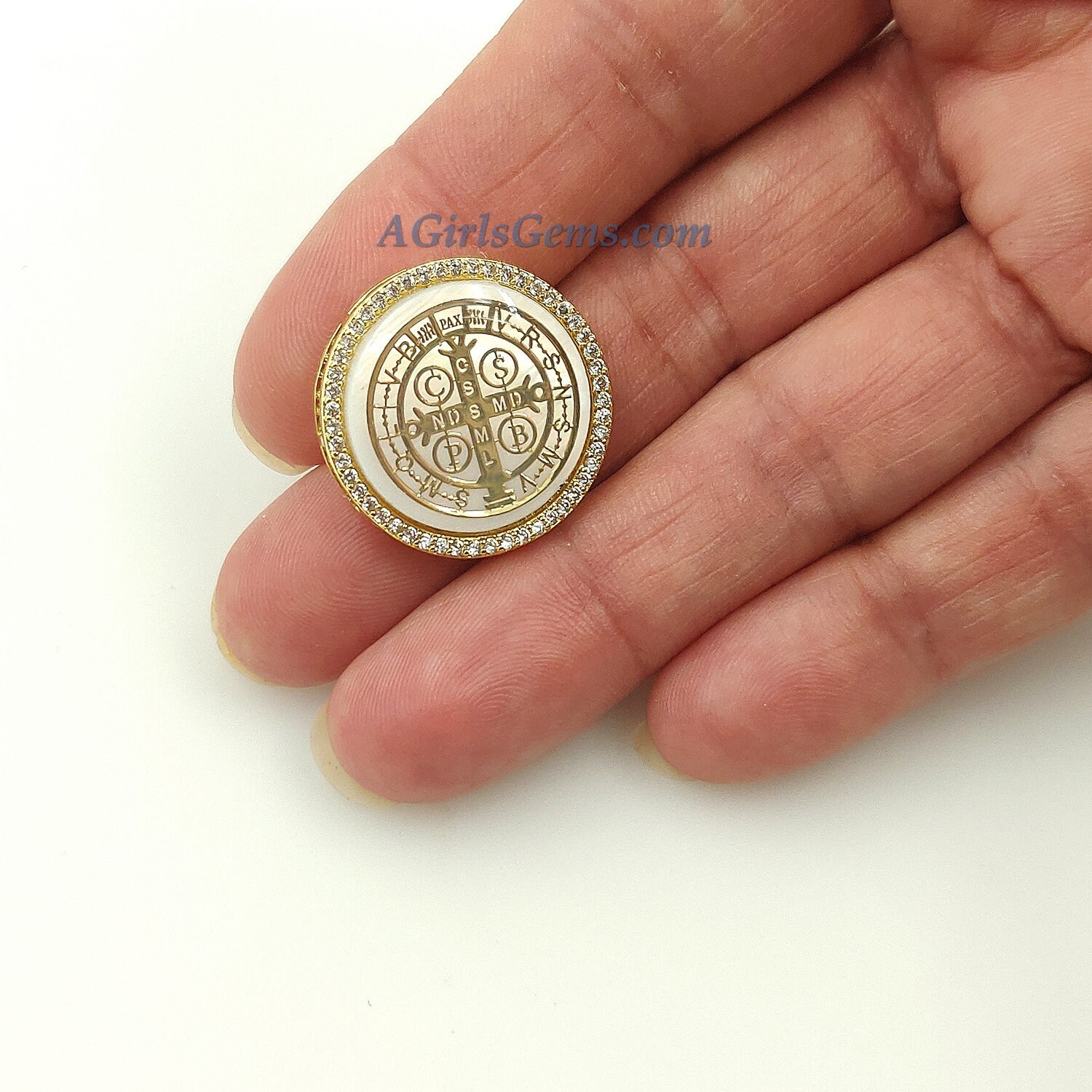 CZ Micro Pave St Benedict Shell Gold Gilding, Mother of Pearl San ...