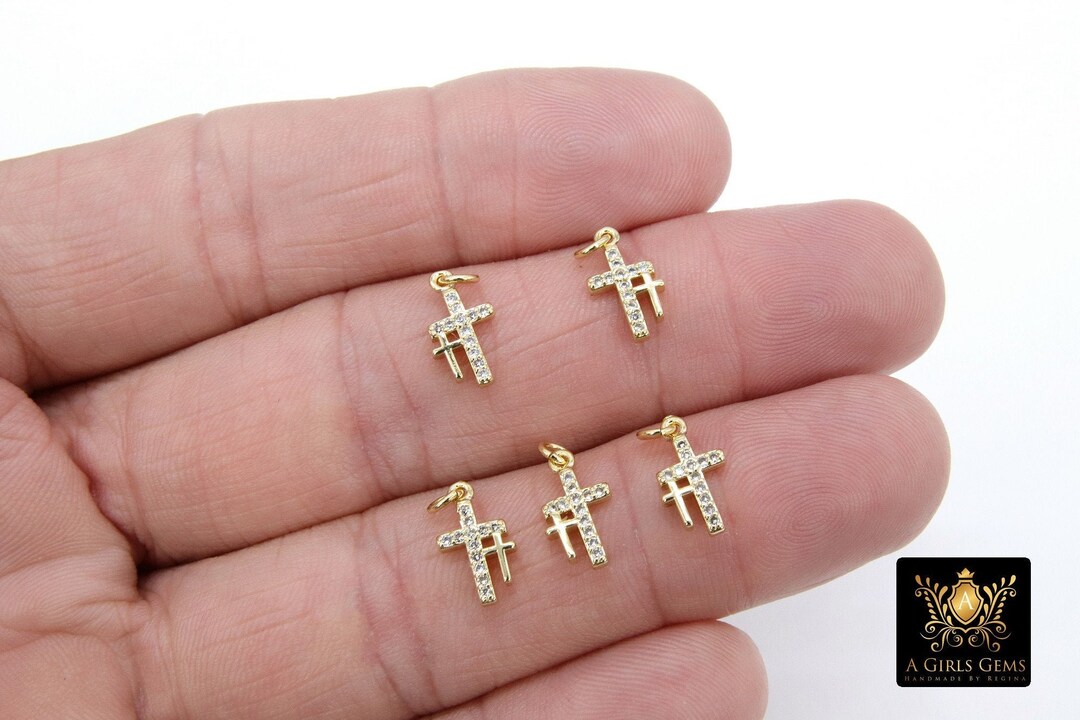 Double Cross Charms, 3 Pcs Micro Paved Tiny Gold Cross Charm #718 ...