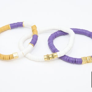 LSU Heishi Beaded Bracelet, 6 Mm Purple White Gold Stretchy Bracelet ...