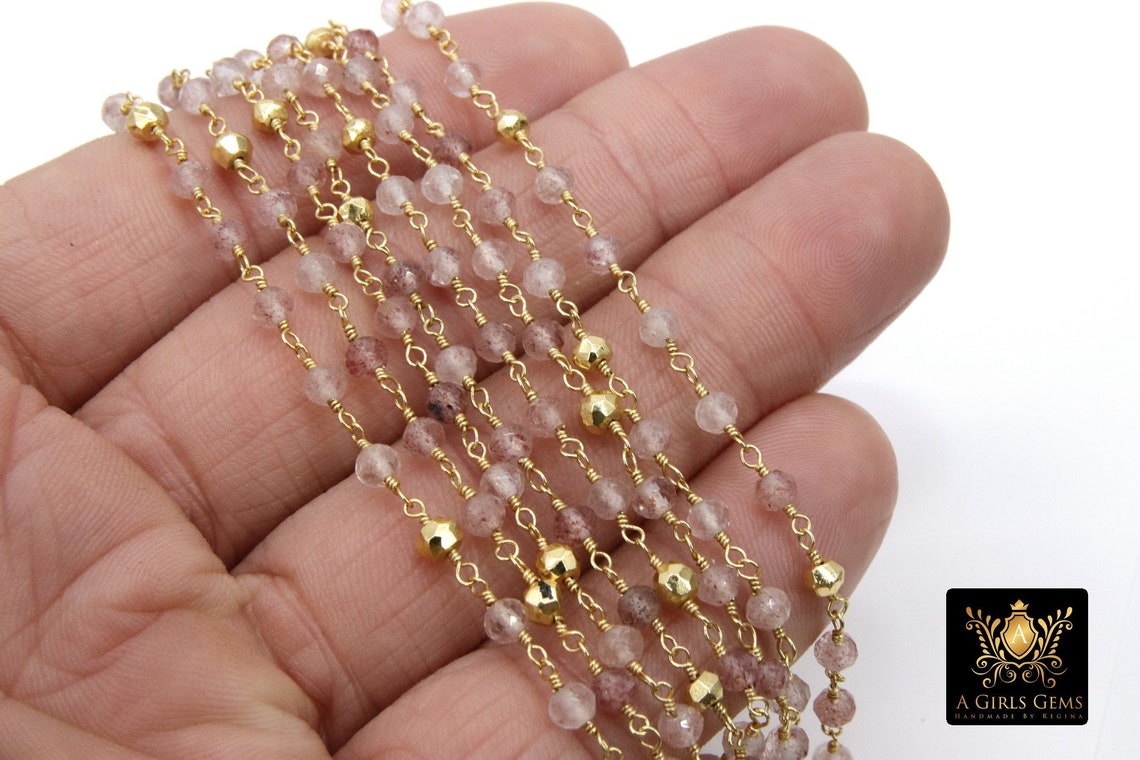 22 K Gold Natural Strawberry Quartz Chain, Unfinished 4 Mm Gold Pyrite ...