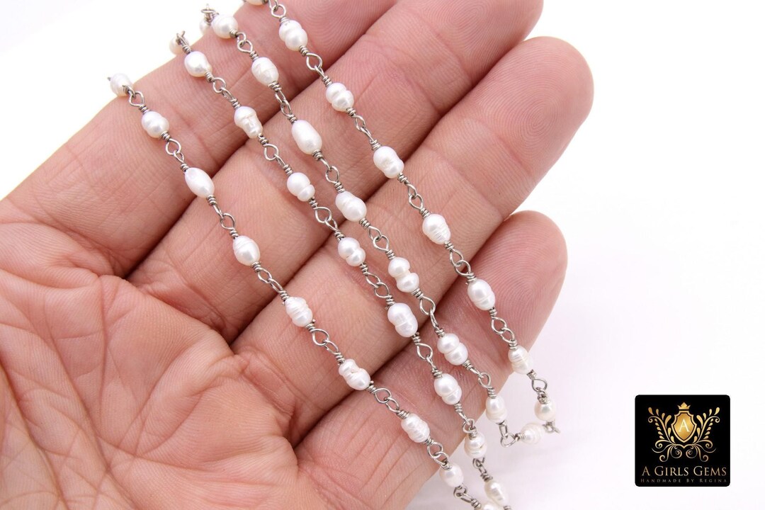 Natural Pearl Rosary Silver Chain, 4 - 6 Mm Freshwater Beaded Rosary ...
