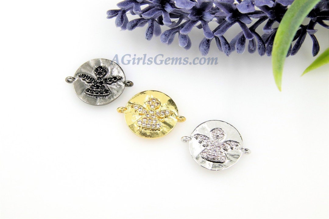 CZ Micro Pave Angel Wings Connector - Round Disc Guardian Angel Wings ...