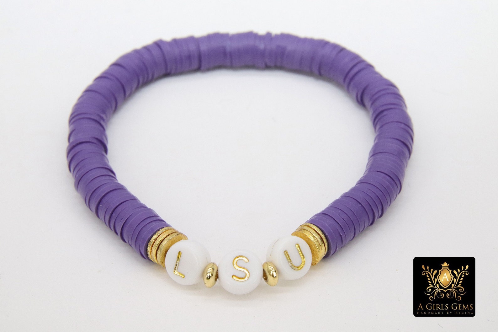 LSU Heishi Beaded Bracelet 6 Mm Purple White Gold Stretchy - Etsy