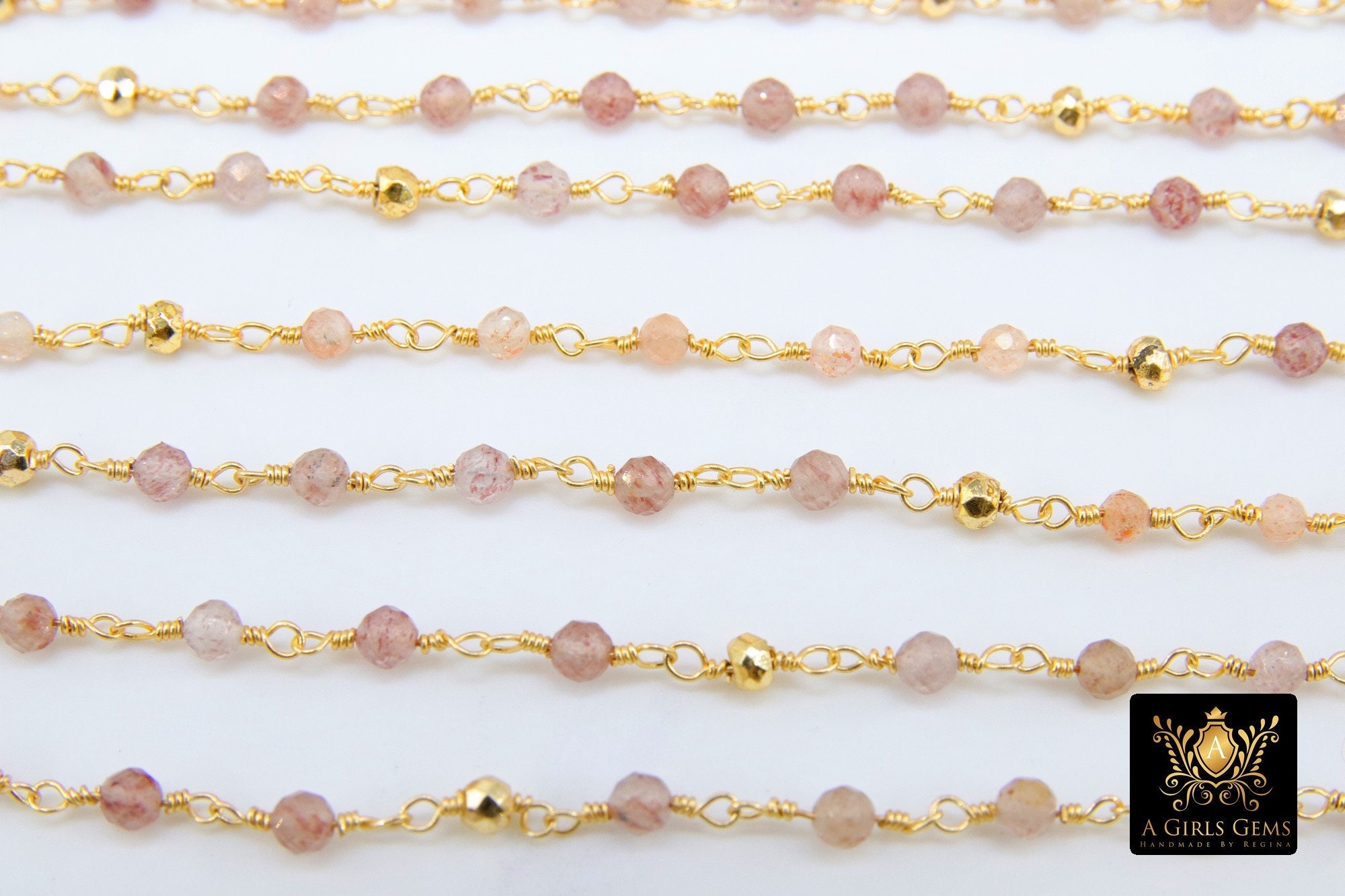 22 K Gold Natural Strawberry Quartz Chain, Unfinished 4 Mm Gold Pyrite ...