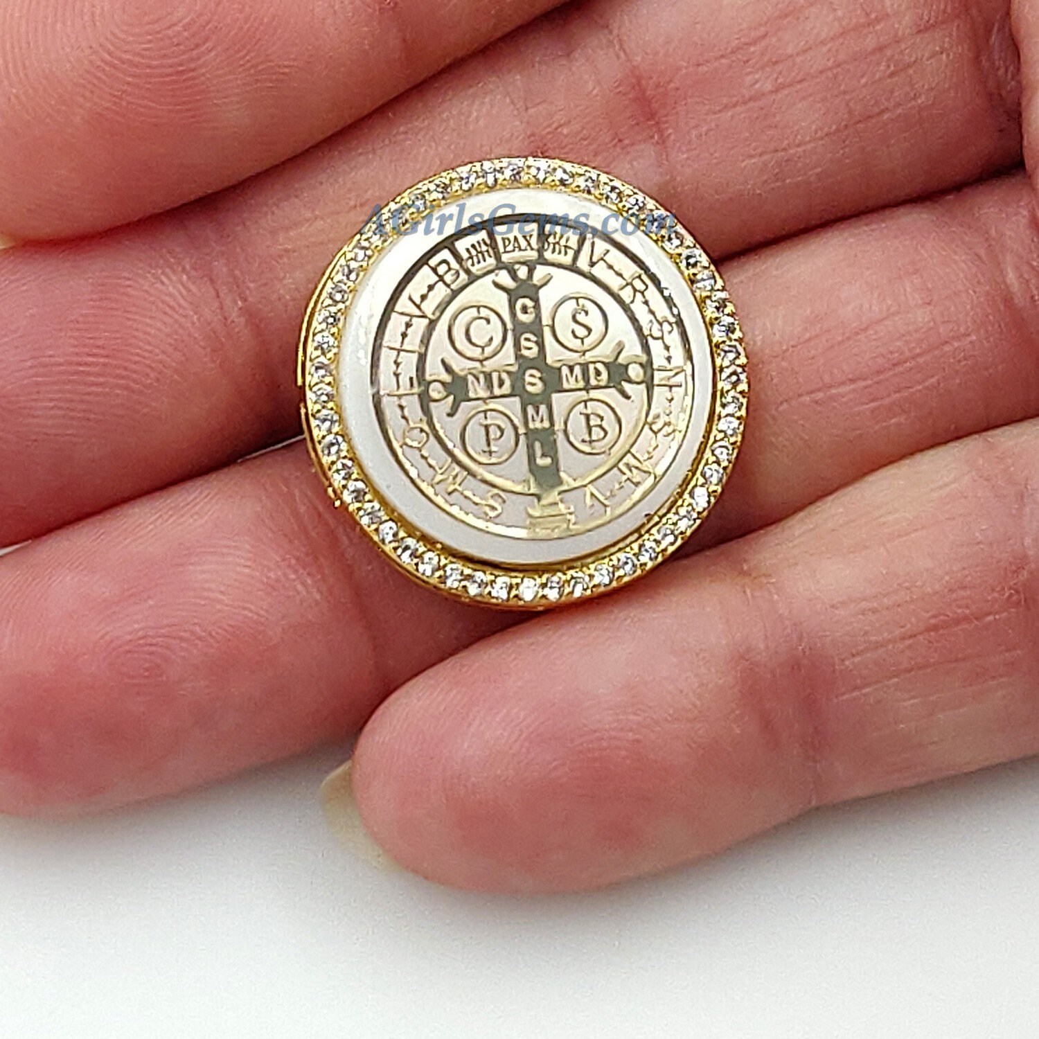 CZ Micro Pave St Benedict Shell Gold Gilding, Mother of Pearl San ...