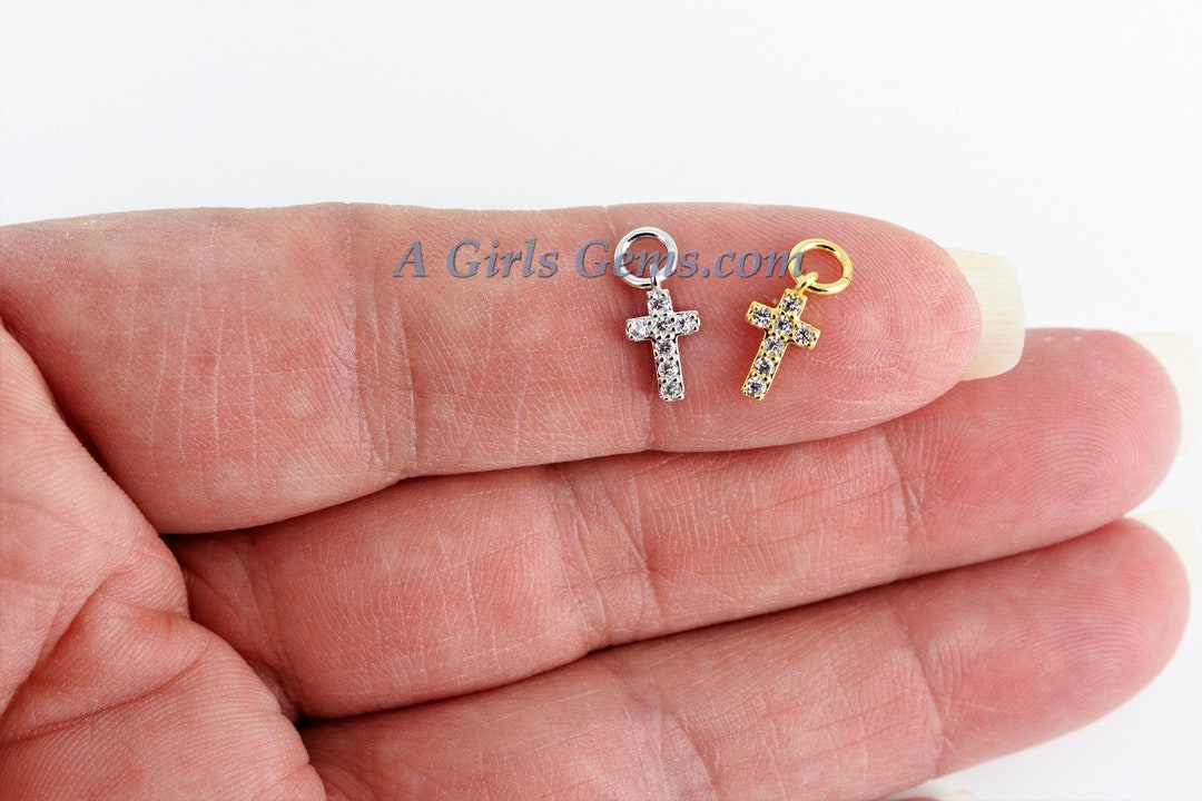 Cross Charms Pendants, CZ Paved Tiny Silver or Gold Cross Charm #139, 5 ...