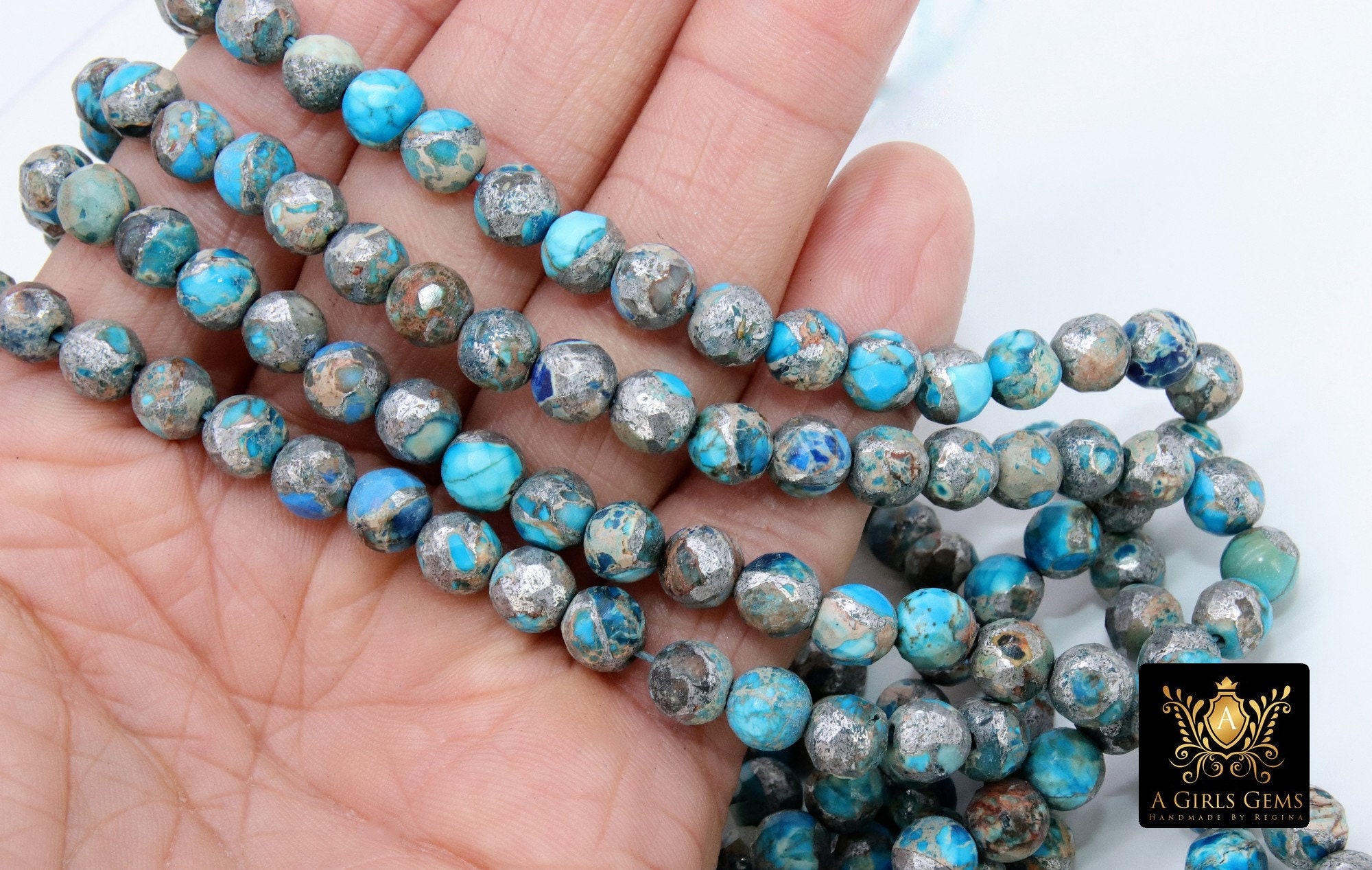 Natural Imperial Ocean Blue Jasper Beads, Round Marbleized Silver Aqua ...