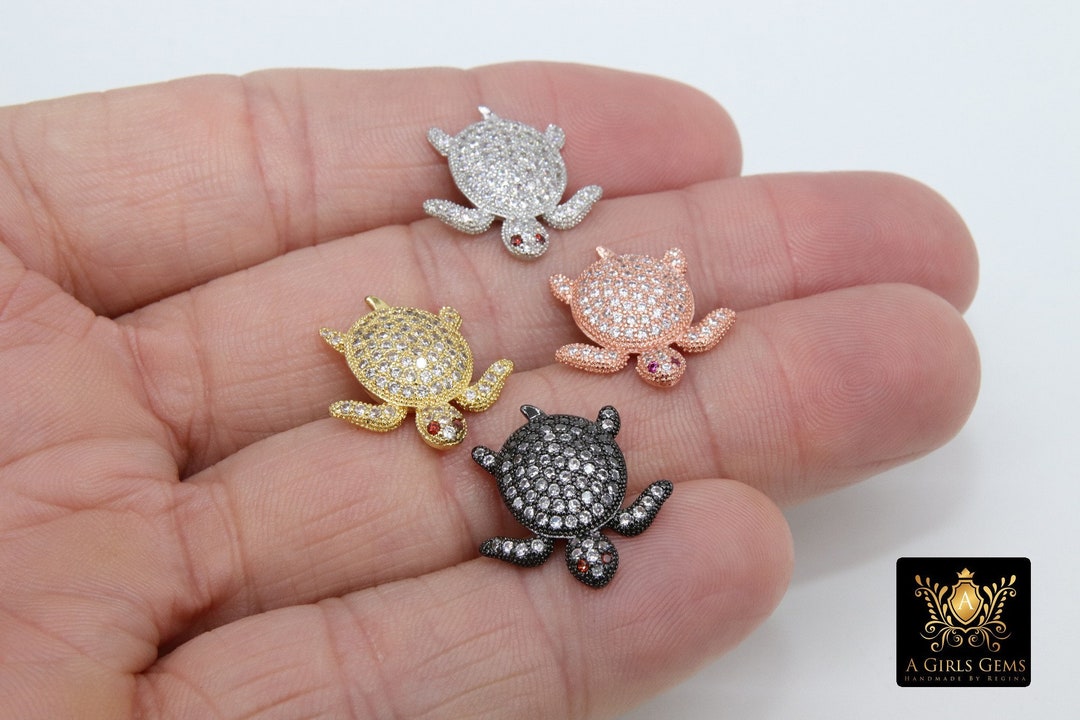 CZ Pave Turtle Tortoise Focal Bead, Silver Gold Animal Focal Beads #123 ...