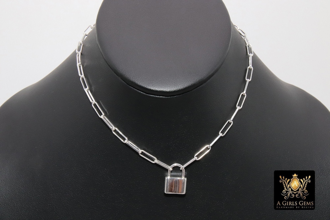 925 Sterling Silver Lock Necklace, Solid Silver Locking Clasp Elegant ...