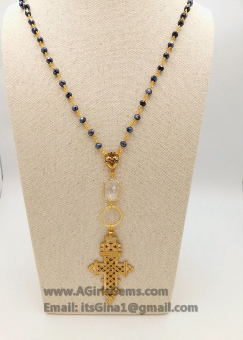 Brass Gold Coptic Cross Necklace Long Black Rosary Beaded - Etsy