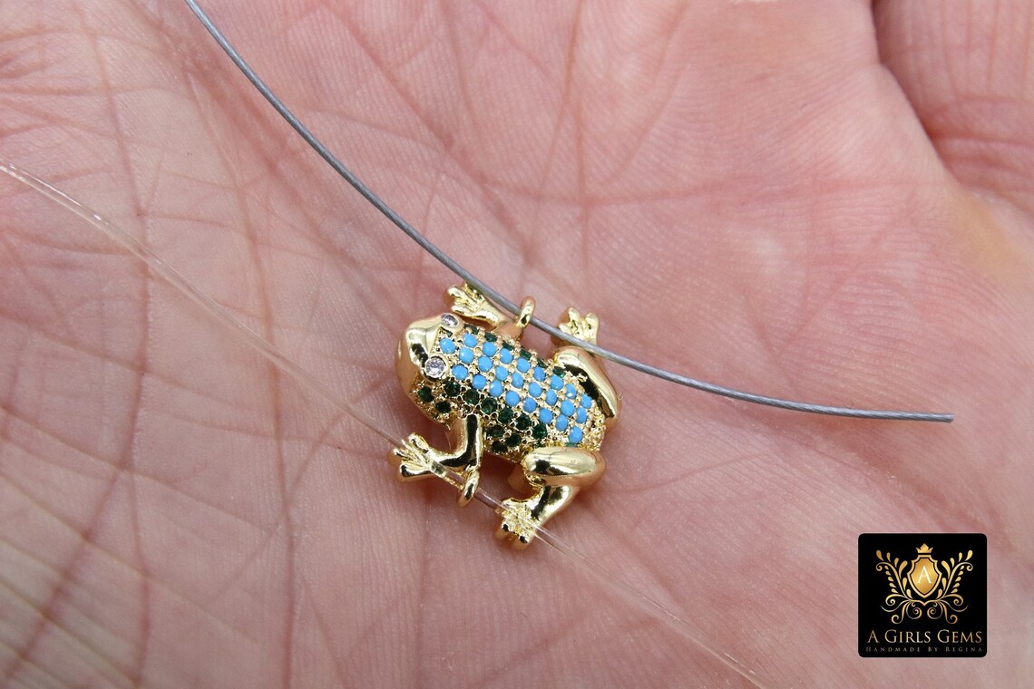 CZ Micro Pave Frog Connectors, Gold 3D Colorful Amphibian Blue ...