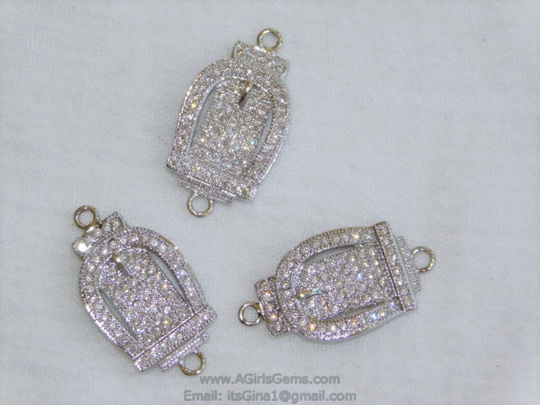 CZ Micro Pave Belt Buckle Connector, Cubic Zirconia Link, 2 Loop Charms ...