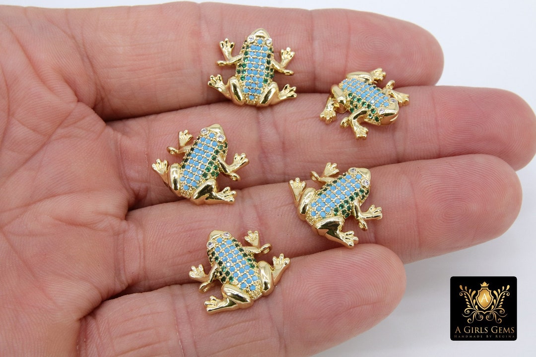 CZ Micro Pave Frog Connectors, Gold 3D Colorful Amphibian Blue ...