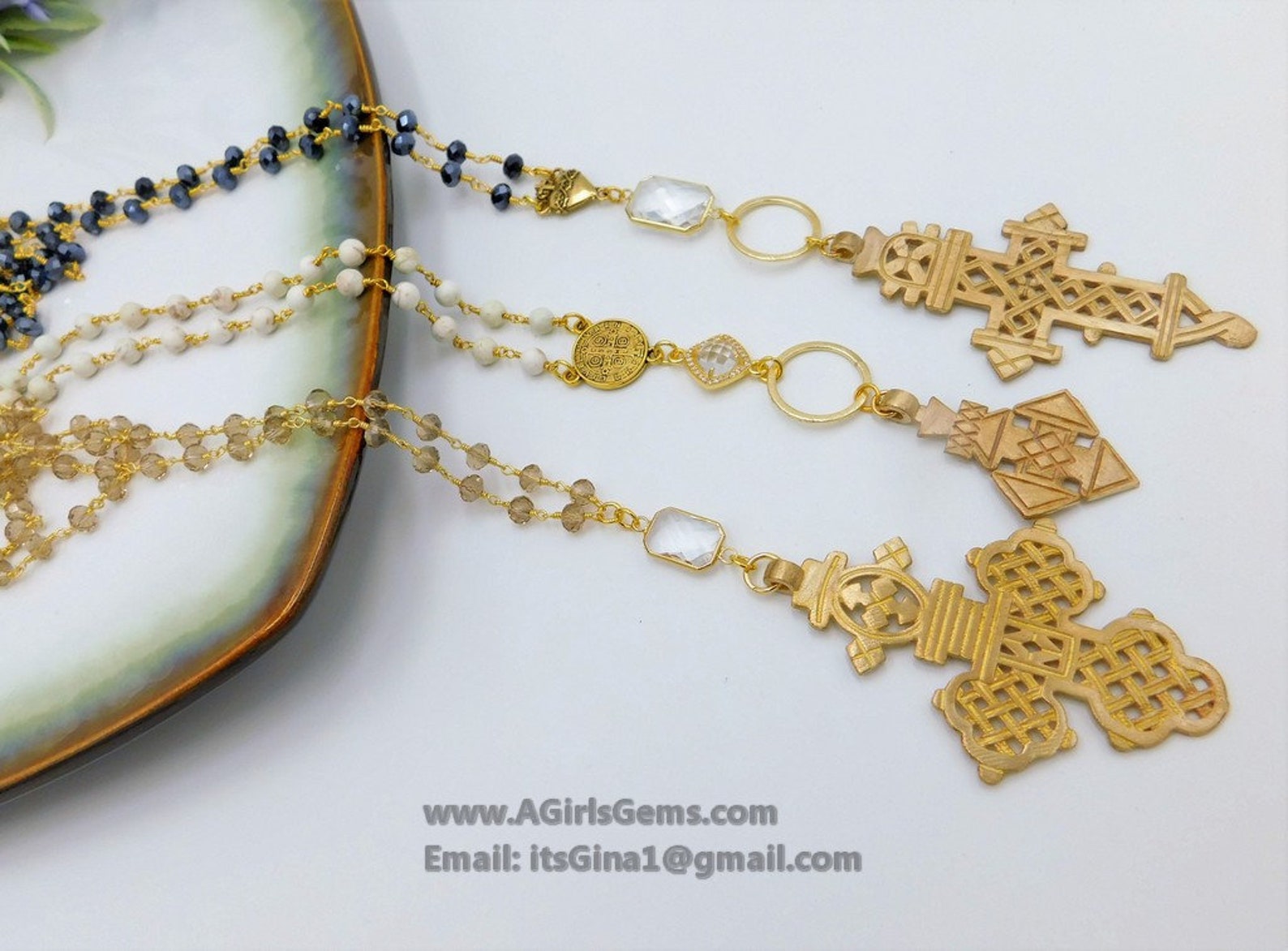Brass Gold Coptic Cross Necklace, Long Black Beaded Chain Fashion ...