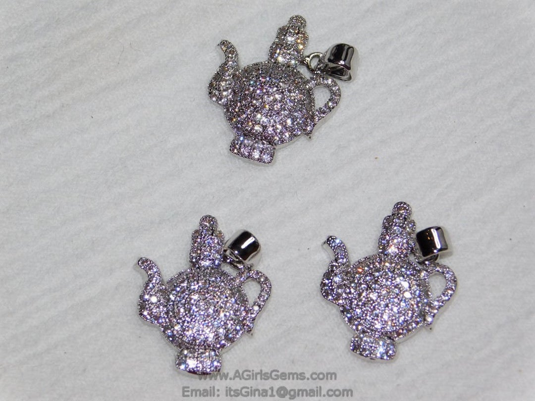 CZ Micro Paved Teapot Bead Charm, Cubic Zirconia Silver Coffee Pot ...