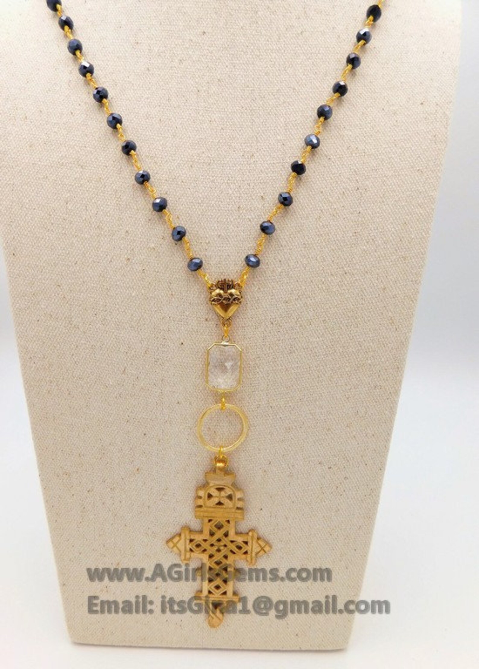 Brass Gold Coptic Cross Necklace, Long Black Beaded Chain Fashion ...