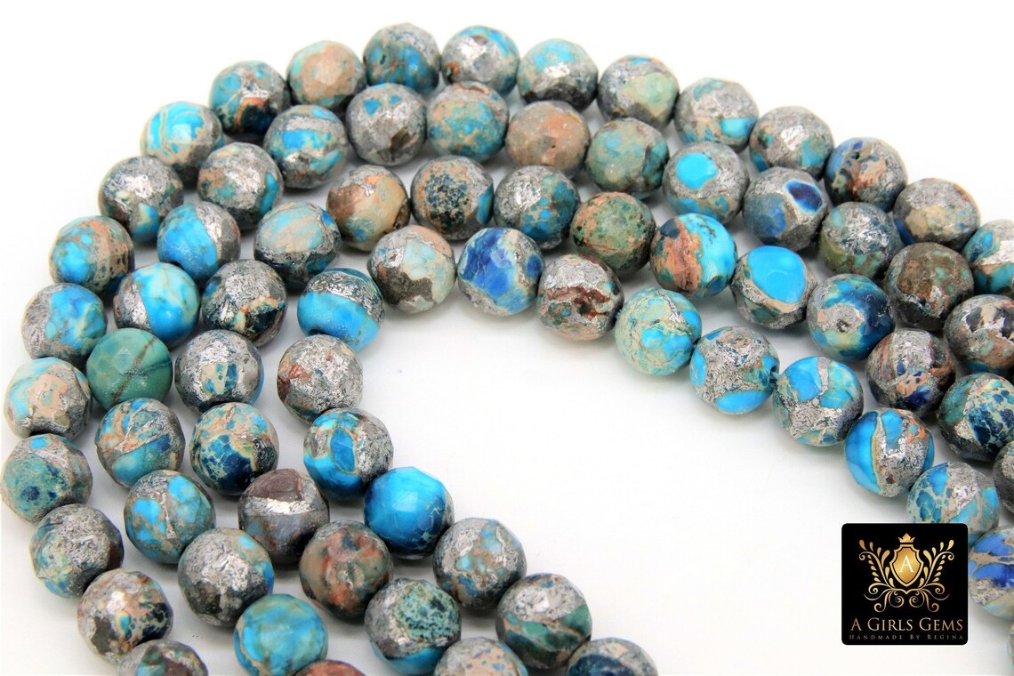 Natural Imperial Ocean Blue Jasper Beads, Round Marbleized Silver Aqua ...