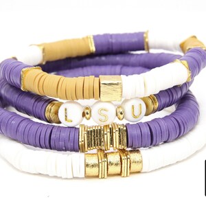 LSU Heishi Beaded Bracelet, 6 Mm Purple White Gold Stretchy Bracelet ...