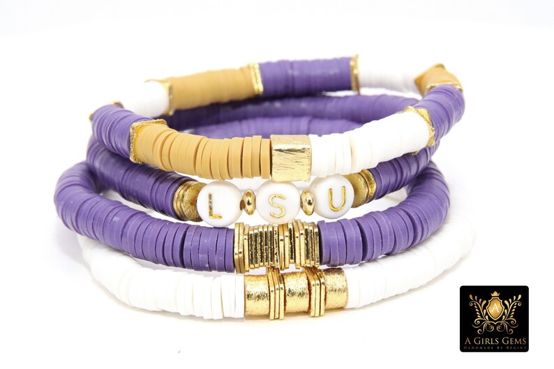 LSU Heishi Beaded Bracelet, 6 Mm Purple White Gold Stretchy Bracelet ...