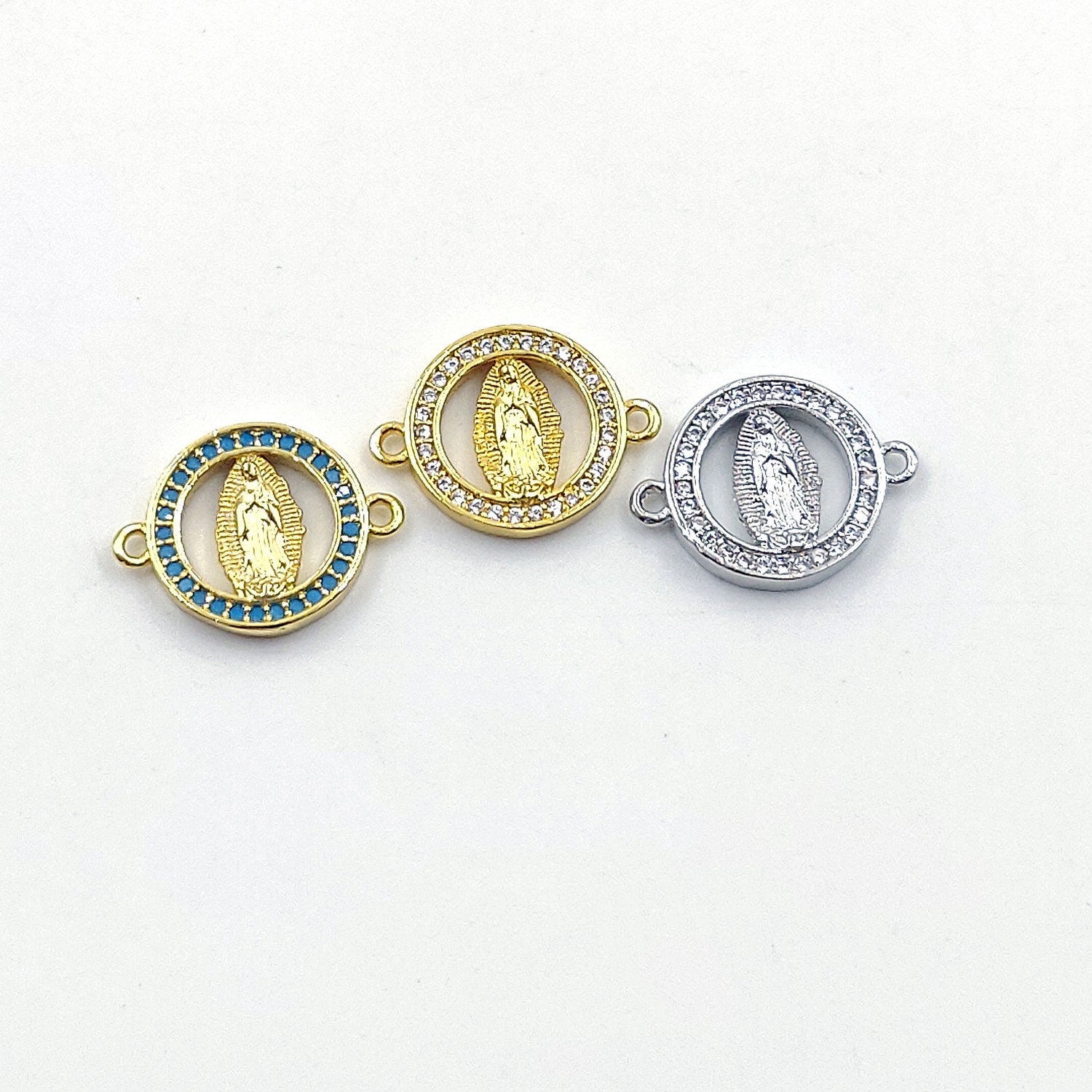 CZ Micro Gold Jesus Blessed Mother Mary Connectors, Silver Blue ...