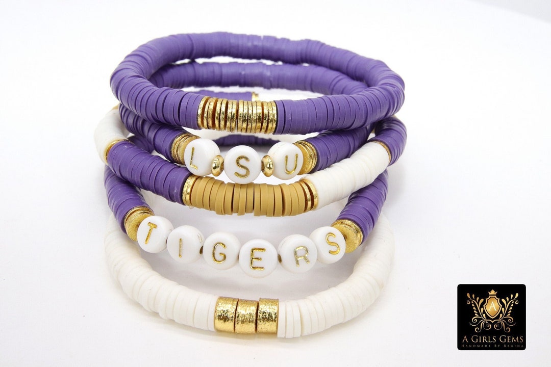 LSU Heishi Beaded Bracelet, 6 Mm Purple White Gold Stretchy Bracelet ...
