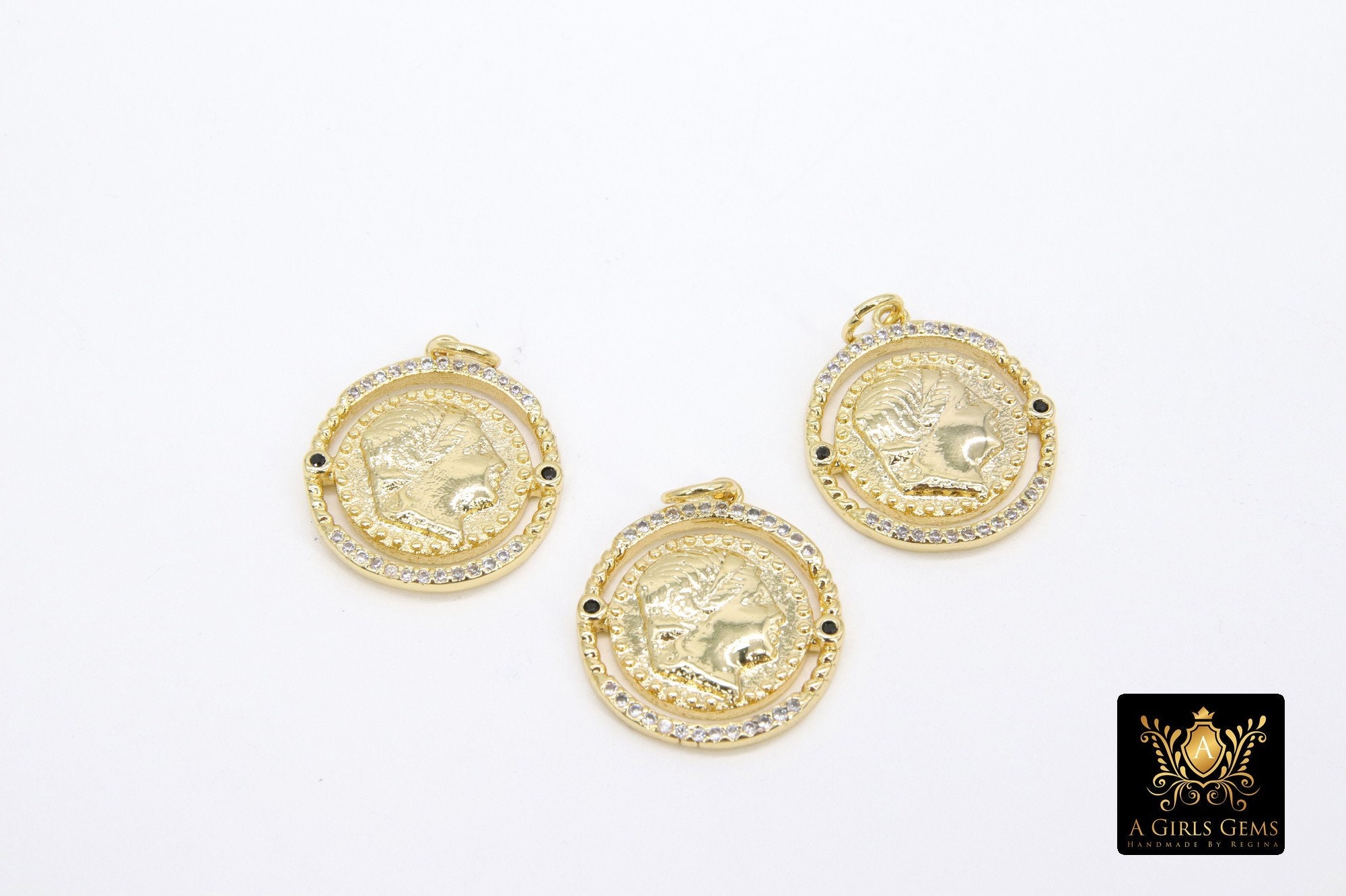 Gold Coin Charm, 4 Styles CZ Pave Round Disc Charms #2655, Athena Owl ...